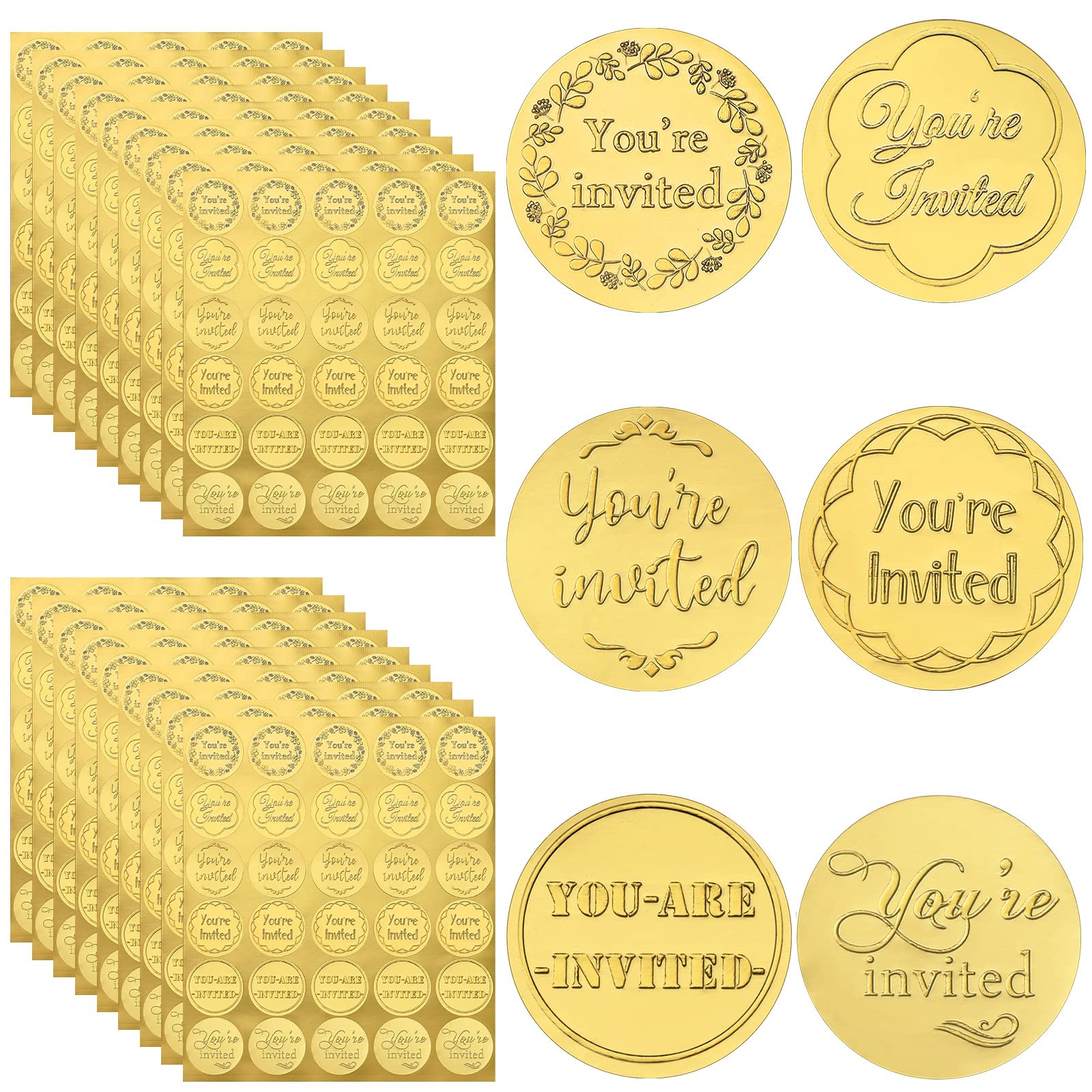 540 Pcs You're Invited Round Embossed Foil Seals Embossed Aluminum Foil Sticker Envelope Seal Stickers Gold Seal Stickers Gold Envelope Seals for Wedding Invitation Envelopes Present Decoration
