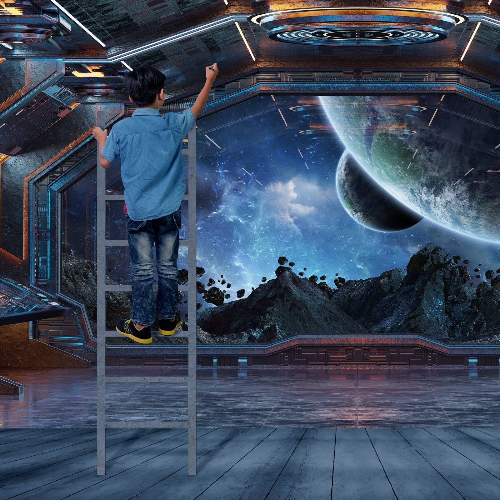 79x40 Inch Large Spaceship Wall Decal Outer Space Views from The Spaceship Removable Self-Adhesive Large Spaceship Wallpaper for Kids Bedroom Living Room Decor