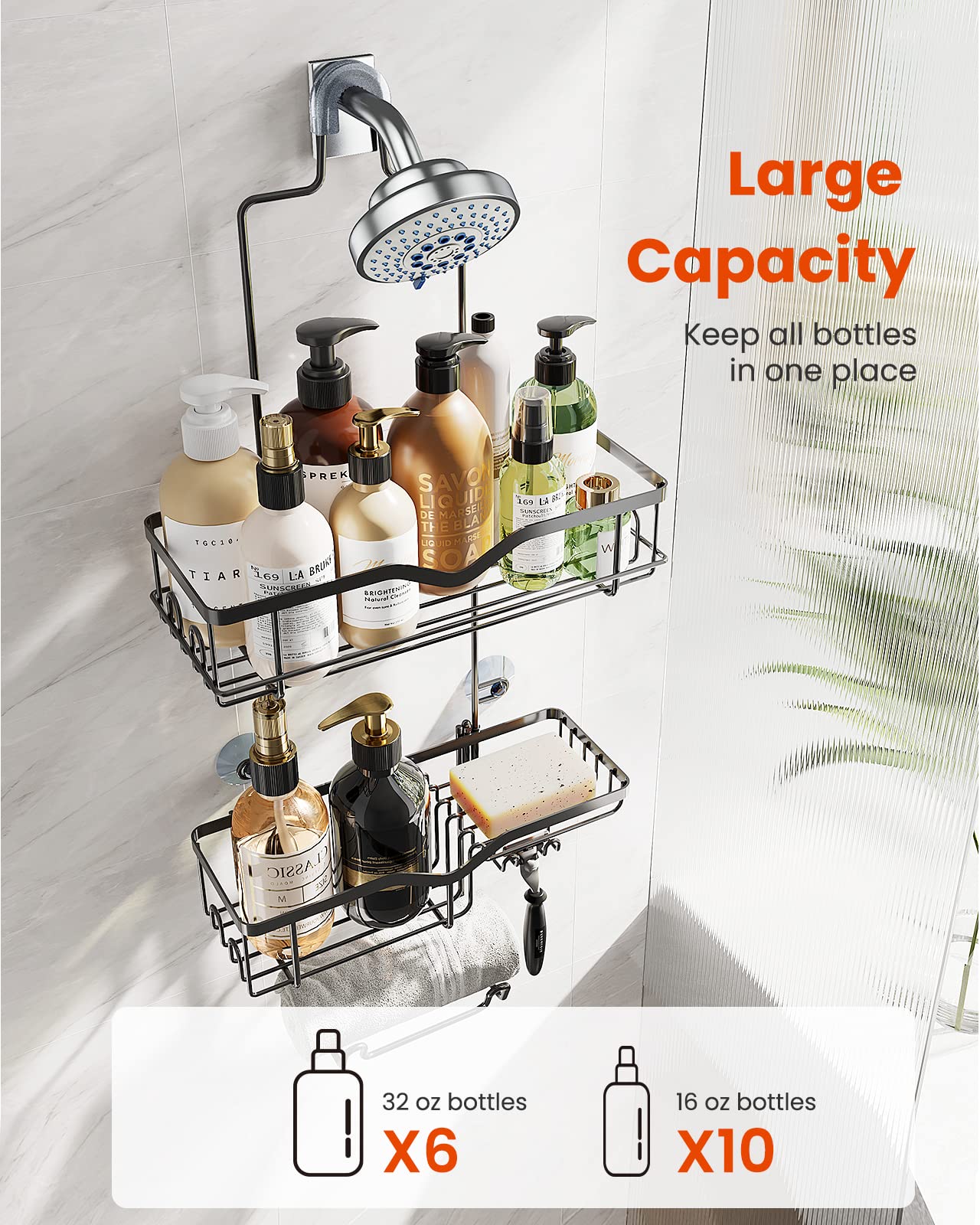 AMADA Hanging Shower Caddy, Shower Caddy Over Shower Head, Rustproof Stainless Steel Shower Organizer with Soap Holder & Hooks, Shower Rack for Shampoo, Sponges, Towels, No Drilling Required, Black