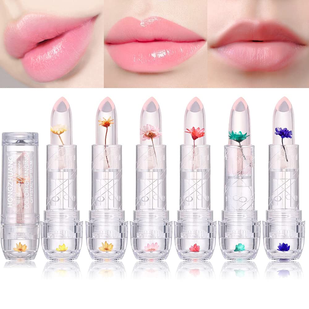 6PACK Clear Crystal Double Flower Jelly Lipstick Set,Magical Mood&Temperature&PH Color Changing Lip Blam, Long Lasting Moisturizing Nutritious Lip Balm and Lip Protection