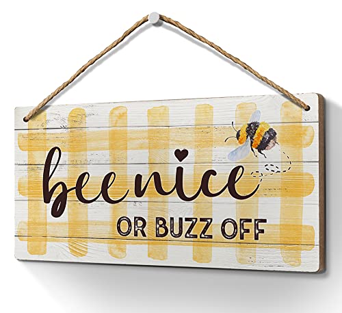 Bee Decor-Bee Nice or Buzz Off Sign 6x12 Inch |HD Pictures Wall Art Prints Farmhouse Decorative Hanging Wood Signs for Home Bathroom Living Room Office,Coffee Bar