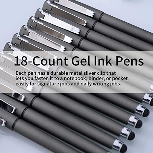 Black Gel Ink Rollerball Pens 1.0mm Gel Pens 2-in-1 stylus Pens 1.0mm Medium Point Pen for Office, Black gel ink(18 Pack-Grey)