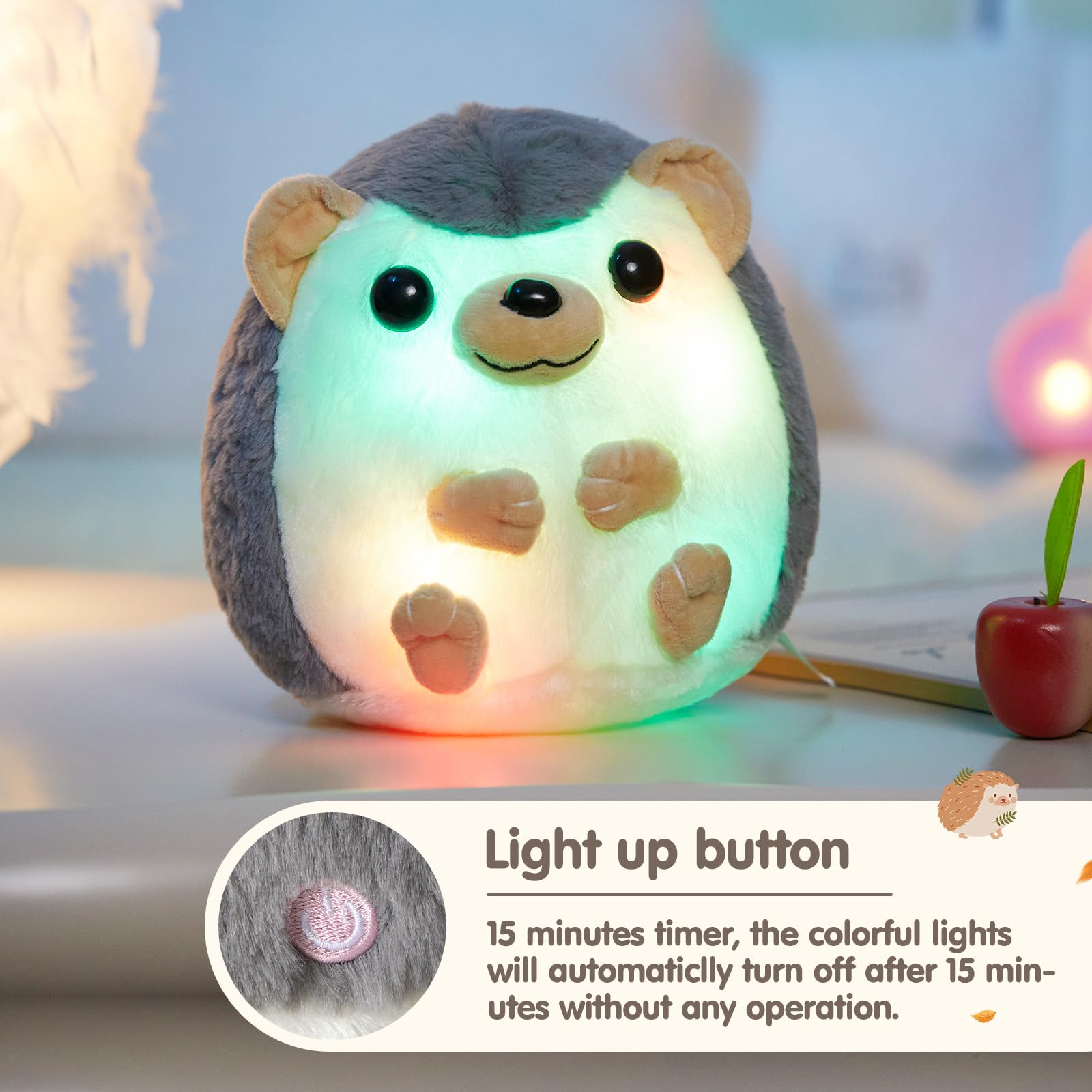 BSTAOFY 10'' Light up Hedgehog Stuffed Animal Glow Soft Plush Toy LED Nightlight Bedtime Gift for Toddlers Kids on Birthday Christmas Valentines Day