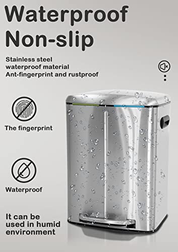 BIQWBIC 10 Gallon Dual Trash Can for Recycling and Trash, Stainless Steel Recycle Trash Can with 2 x 5 Gallon (40 L) Removable Inner Buckets, Pedal Recycling Bin for Kitchen, Soft Closure