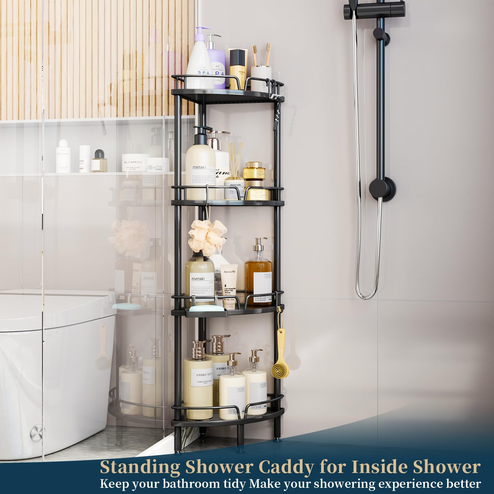 Consumest Corner Shower Caddy Stand - 4 Tier Shower Organizer with Soap Holder, Standing Tall Floor Shower Stand with Adjustable Feet & 4 Hooks