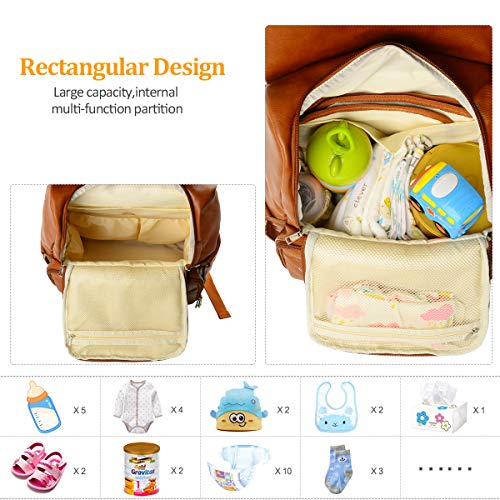KZNI Leather Diaper Bag Backpack, Nappy Bag Baby Bags for Mom Unisex Maternity Diaper Bag with Stroller Hanger|Thermal Pockets|Adjustable Shoulder Straps|Water Proof| LargeCapacity (Brown)