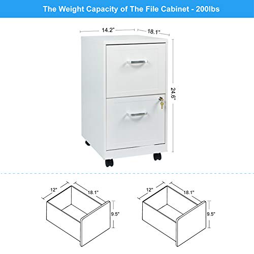 AD ARAZY 2 Drawer File Cabinet, 18" Deep Metal Filing Cabinet with Lock, Made by Thick Metal Materials with Smooth Casters, Letter Size(White)