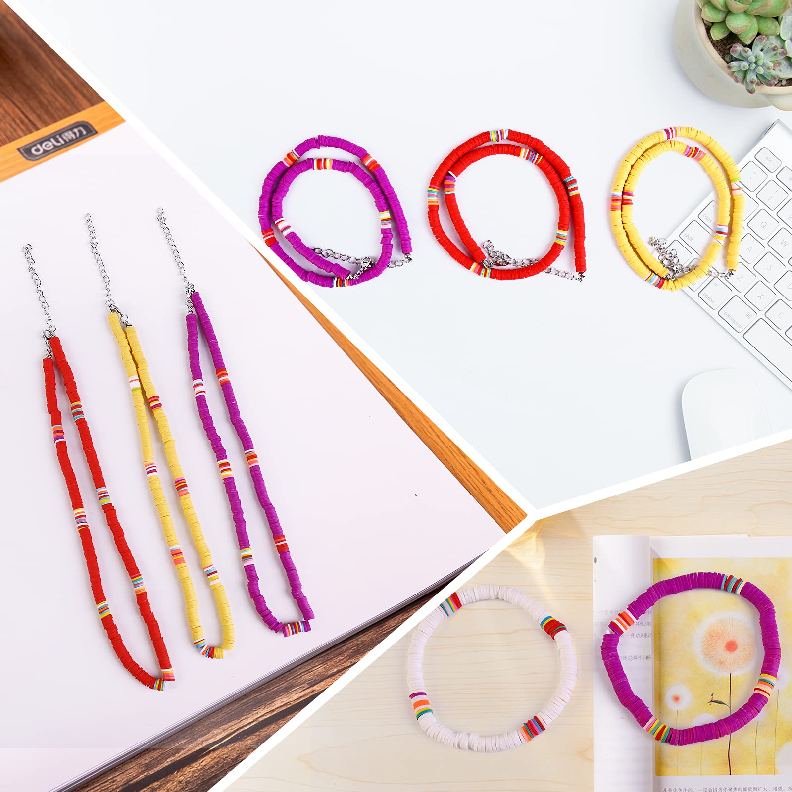 4000 PCS 6MM Polymer Clay Fimo Rainbow Color Beads, Flat Disc Heishi Beads, Multicolor Polymer Beads with 4 Roll Elastic Thread and Pendant Charms Kit