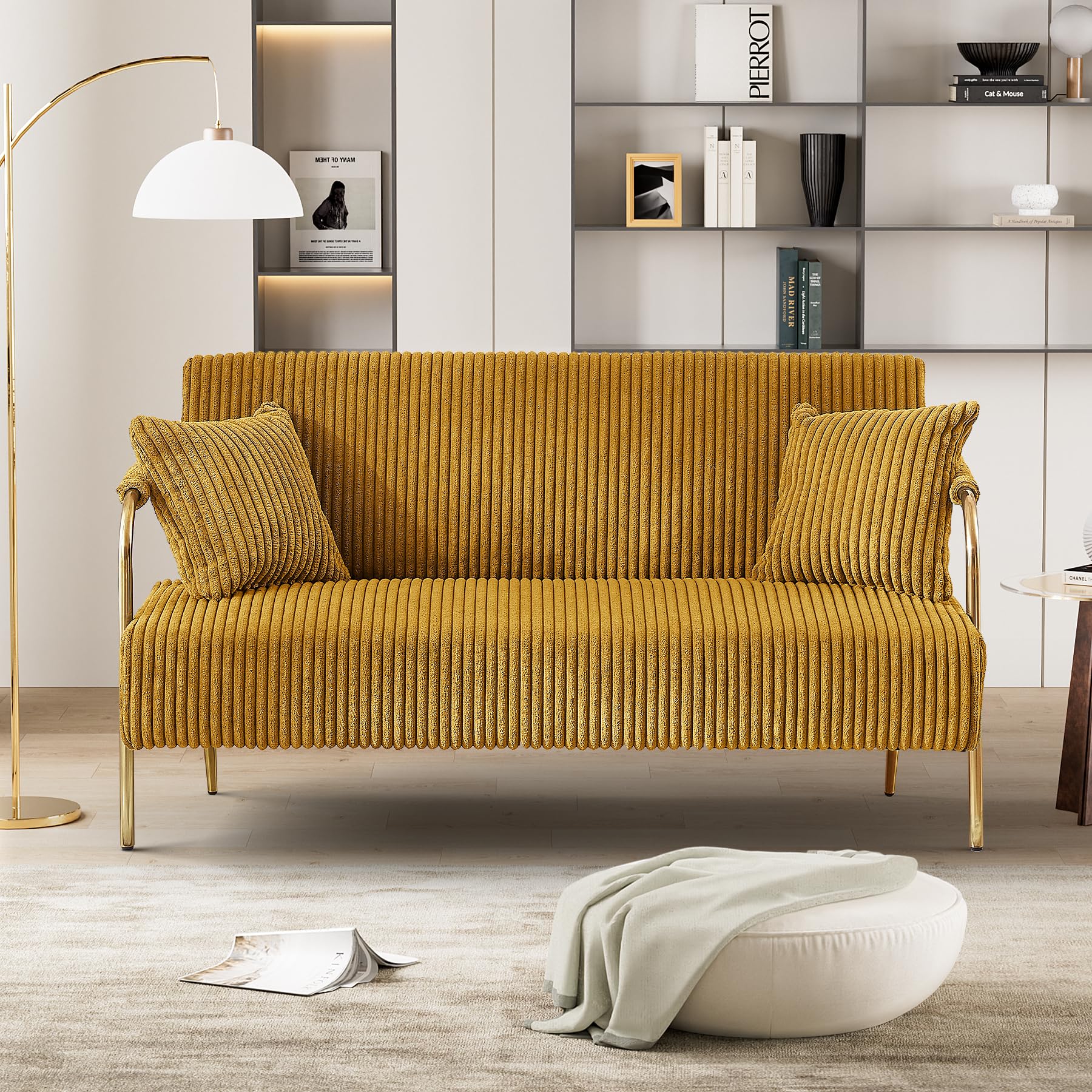 OUYESSIR Loveseat Small Sofa Couch, 59" Love Seat Settee 2 Seater Upholstered Sofa with 2 Pillows for Small Space Living Room Office Apartment (Ginger, Corduroy)