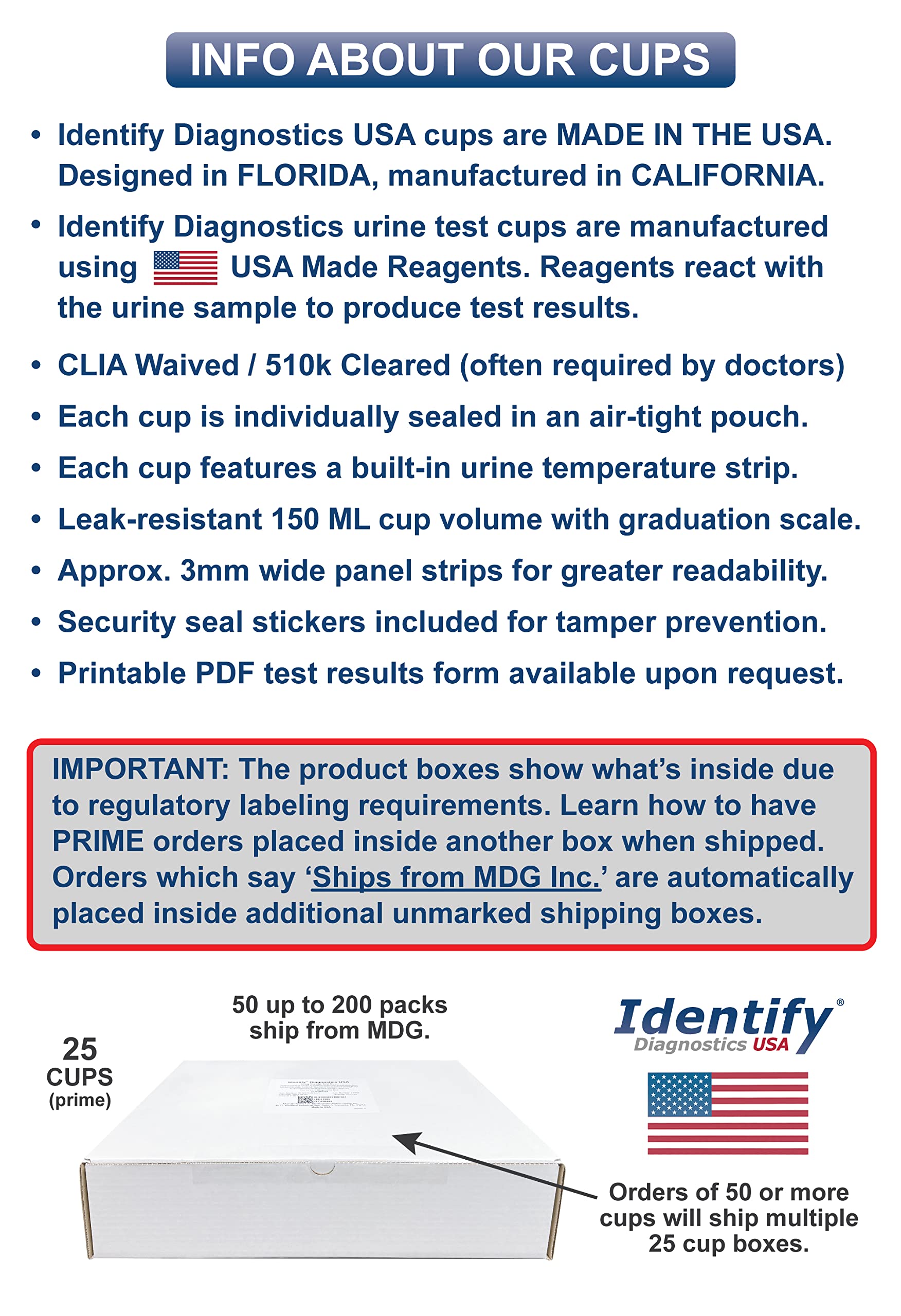 Identify Diagnostics USA Drug Screen Test - 25 Pack - Made In USA 12 Panel CLIA Waived Instant Urine Drug Test Kit for AMP,BAR,BUP,BZO,COC,MDMA,MET,MTD,OPI/MOP,OXY,PCP,THC