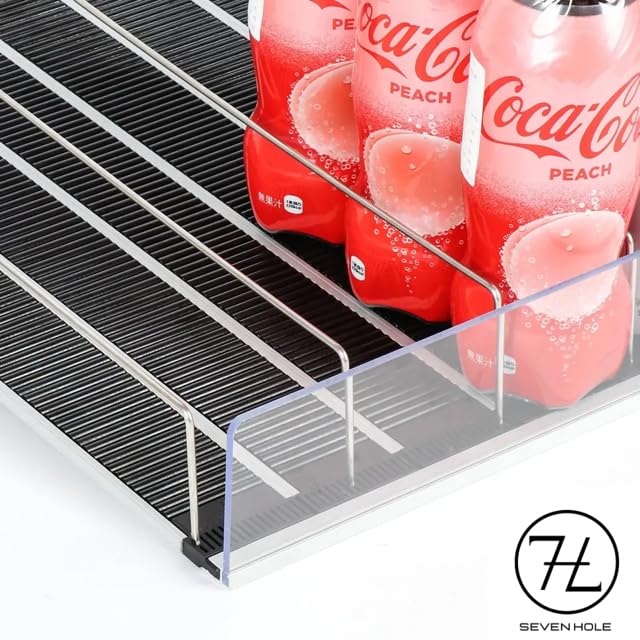 7hole Self Pushing Drink Organizer for Fridge - Can Pusher for Refrigerator - Adjustable Fridge Drink Dispenser for Soda, Beer, Water Bottle, Juice Box - 6 Slots, Easy-to-Assemble Dividers - 15.4x15"