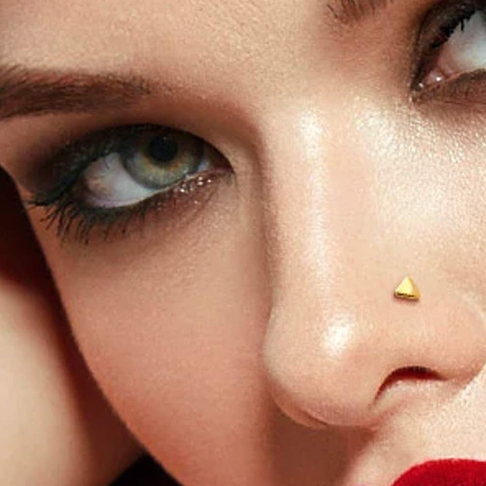 9K Solid Yellow Gold Flat Plain Triangle 22 Gauge L Bend Nose Stud Piercing Jewelry