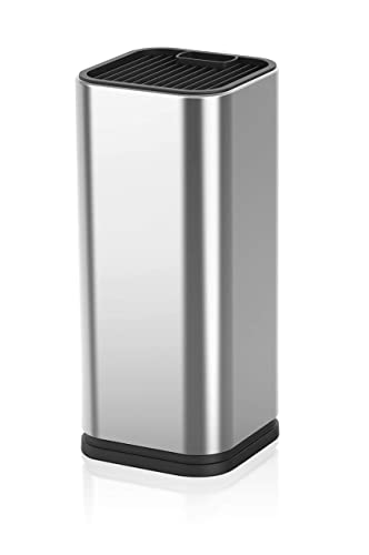 Laxinis World Universal Knife Block, Stainless-Steel Modern Rectangular Design with Scissors-Slot, Knife Holder Counter-top Storage, Holds 12 8”-Blade Knives, 9.1” by 4”(knives not included)