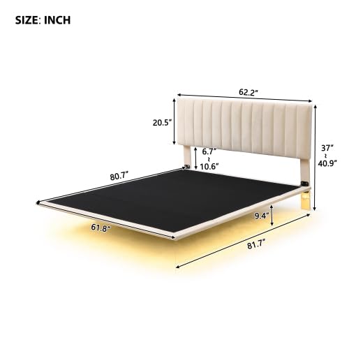 AnwickNomo Floating Velvet Bed Frame Queen with Sensor Light and Headboard, Upholstered Led Queen Platform Bed Frame for Boys Girls Kids, Light Up Bed Frame, Bedroom Sets, Noise-Free (Beige)
