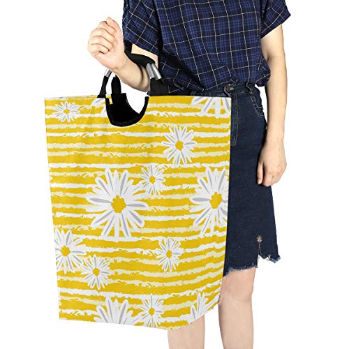 One Bear Flower Laundry Basket Cute Daisy Chamomiles Flowers Floral Yellow and White Stripes Foldable Large Laundry Hamper Bucket with Handles Collapsible Nursery Storage Bin for Kids Clothes Toy