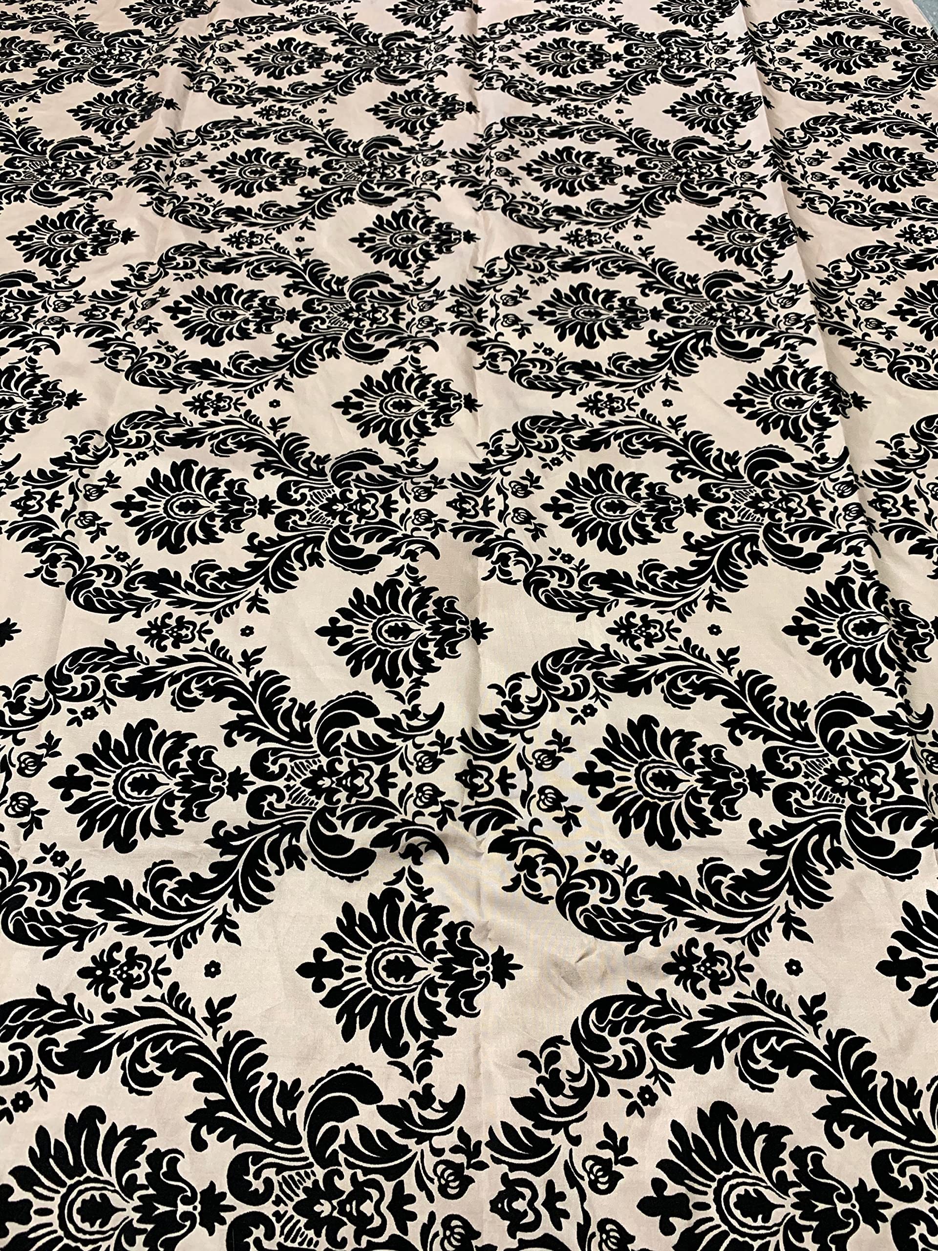Amanda Champagne Taffeta with Black Velvet Flocked Damask Fabric by The Yard - 10078