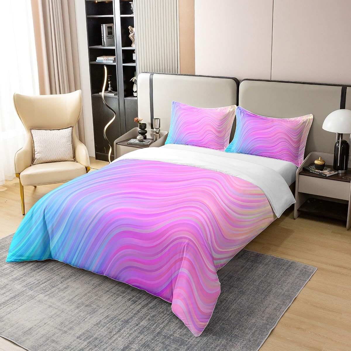 Erosebridal 100% Organic Cotton Rainbow Comforter Cover, Girls Bright Iridescent Striped Inspired Curved Lines Gradient Tie Dye Effect Hippie Comfy Bedding Set, Full Size, Teal Pink
