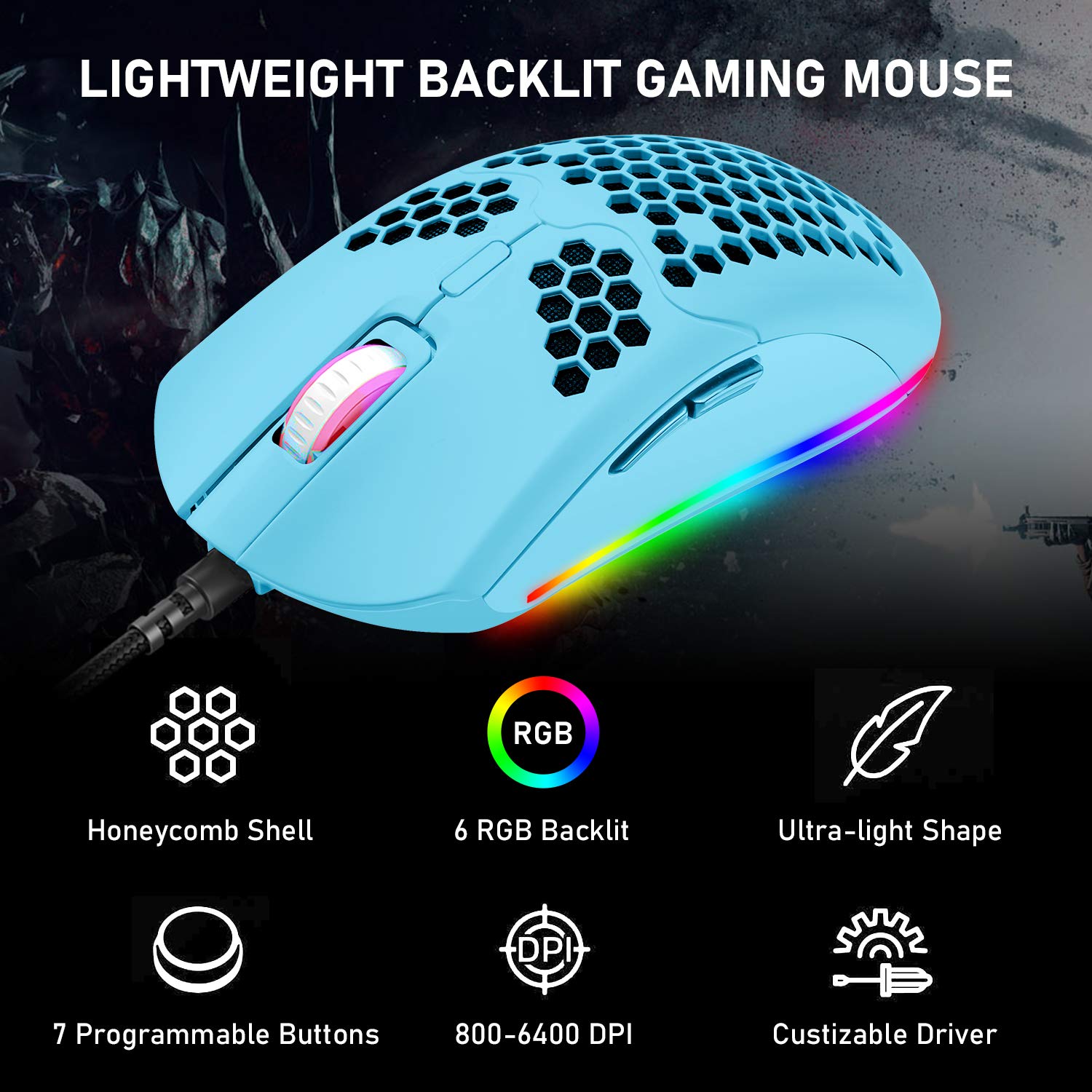 4-in-1 Gaming Keyboard Mouse Combo,87 Keys Rainbow Backlit Mechanical Keyboard,RGB Backlit 6400 DPI Lightweight Gaming Mouse with Honeycomb Shell,3.5mm Gaming Stereo Headset for PC Laptop Computer