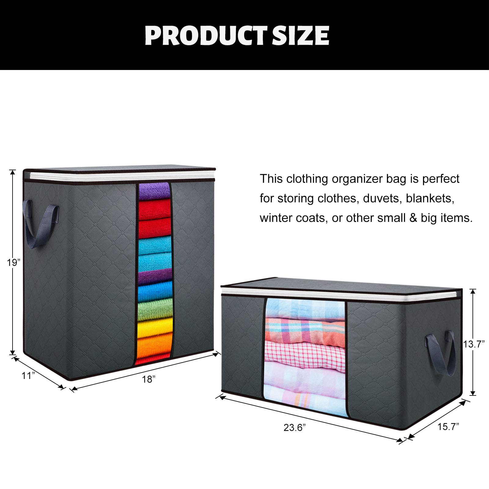 6 Pieces Large Clothes Storage Bag Organizer Foldable Clothes Storage Containers with Clear Window Sturdy Zipper Reinforced Handle Thick Fabric for Pillows Blankets Bedding Supplies, 2 Sizes (Gray)