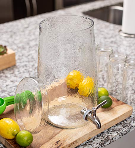 BirdRock Home 1.5 Gallon Hammered Glass Beverage Dispenser with Lid - Stainless Steel Spigot - Decorative Round Jar for Drinks - Lemonade Sangria Tea Water Drink Jar Jug - Home Parties