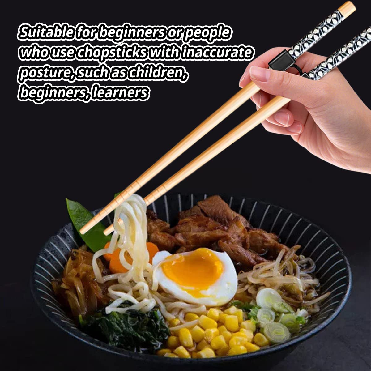 7 Pairs Reusable Training Chopsticks Helpers for Kids Adult Trainer Beginner Learner, Japanese Bamboo Chopsticks and Non-Slip Connector Set, Dishwasher Safe, L8.86Inch (3.Glaze print)