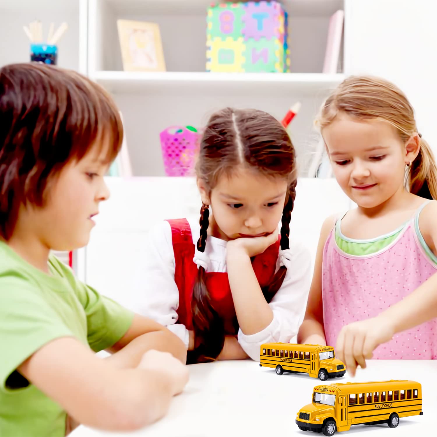 DUNRIOG TOYS 2 Pack 5.5'' Pull Back School Bus, Die-cast Metal Toy Vehicles with Bright Yellow for Kids Boys Girls