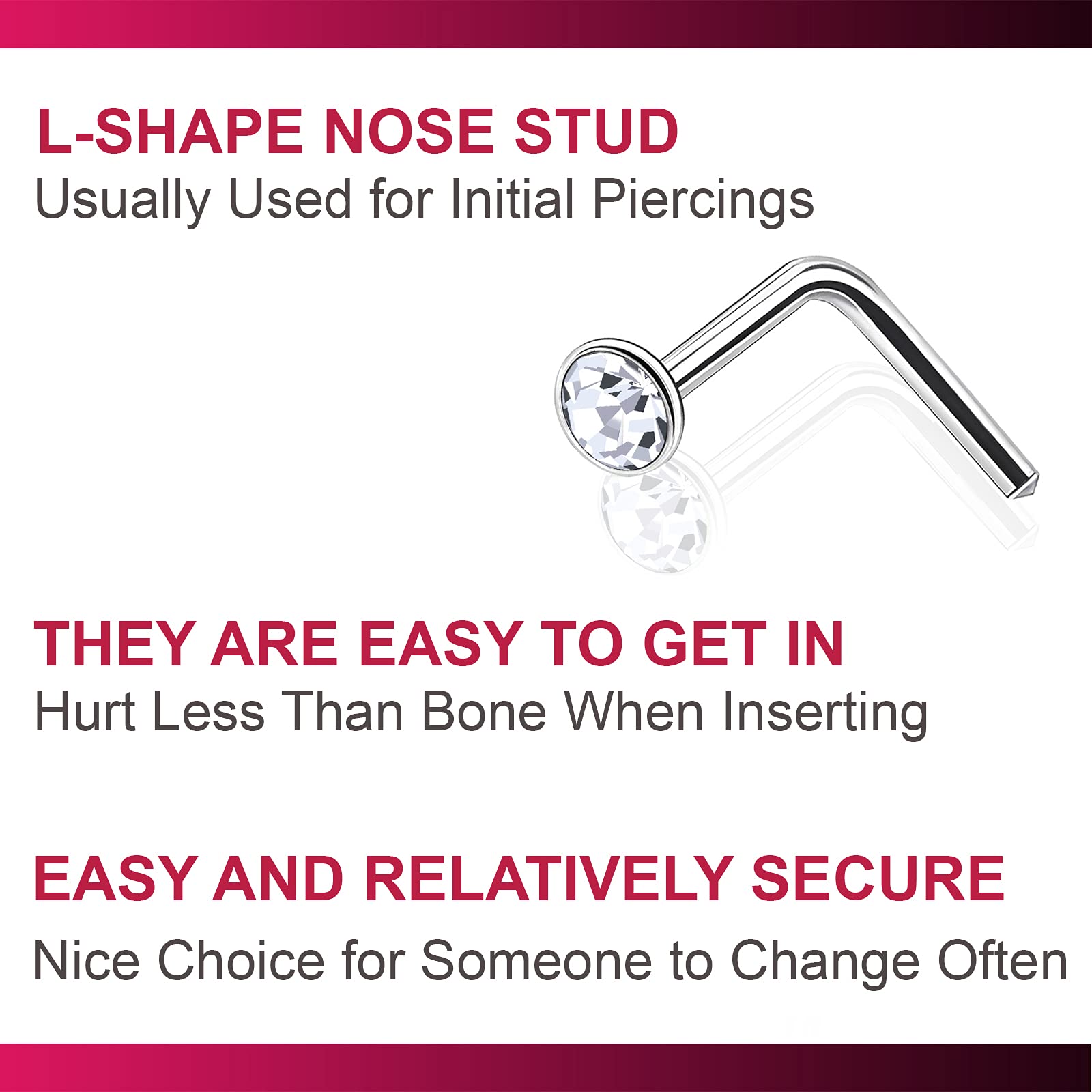 3Pcs L Shaped Nose Ring 18g Surgical Stainless Steel And 20g Retainer Nostril Piercing Studs Jewelry 2.5mm Clear Crystal