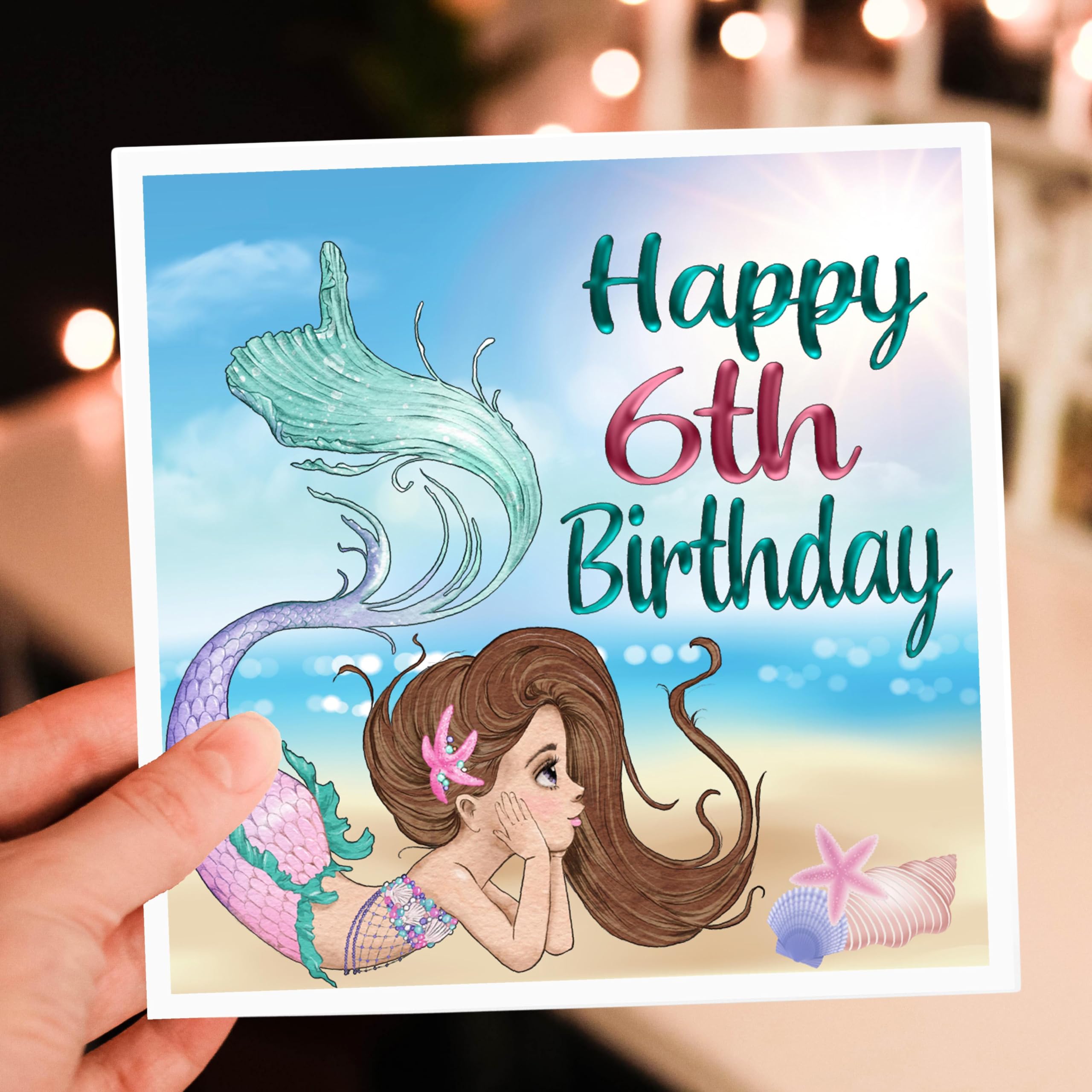 3dRose Greeting Card - Happy 6th Birthday Pretty Brunette Mermaid On The Beach - Happy Birthday