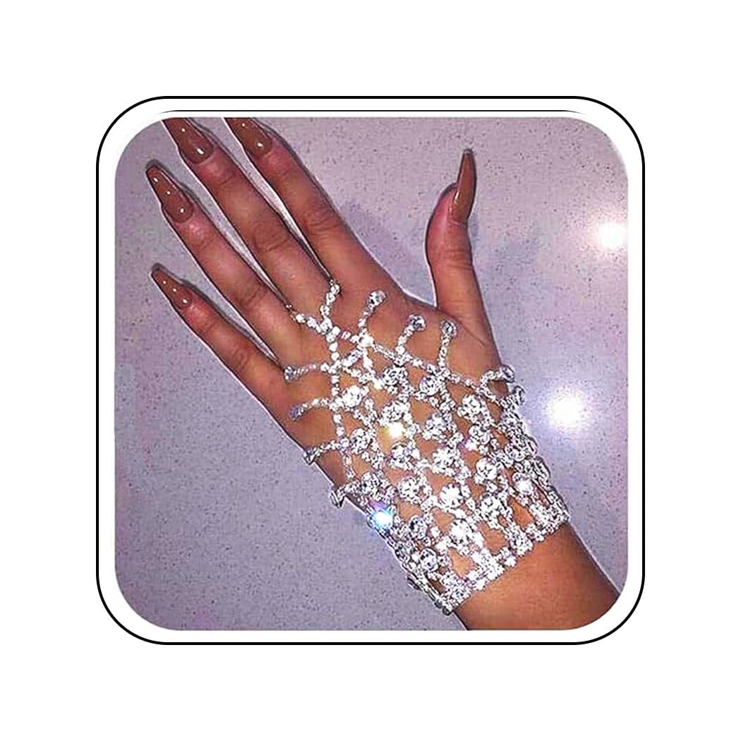 ACEDRE Rhinestone Ring Bracelets Jewelry Silver Sparkly Crystal Bangle Hand Chain Party Prom Costume Finger Hand Harness Accessories for Women(C-Silver)