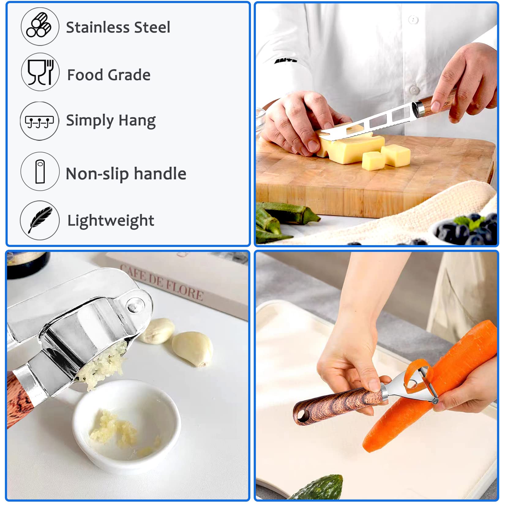 9Pcs Kitchen Gadget Set, Stainless Steel Cooking Utensils Set with Imitated Wood Handle, Premium Gadgets Kitchen Tools Set with Pizza Cutter, Whisk, Spoon, Grater, Opener, Vegetable Peeler