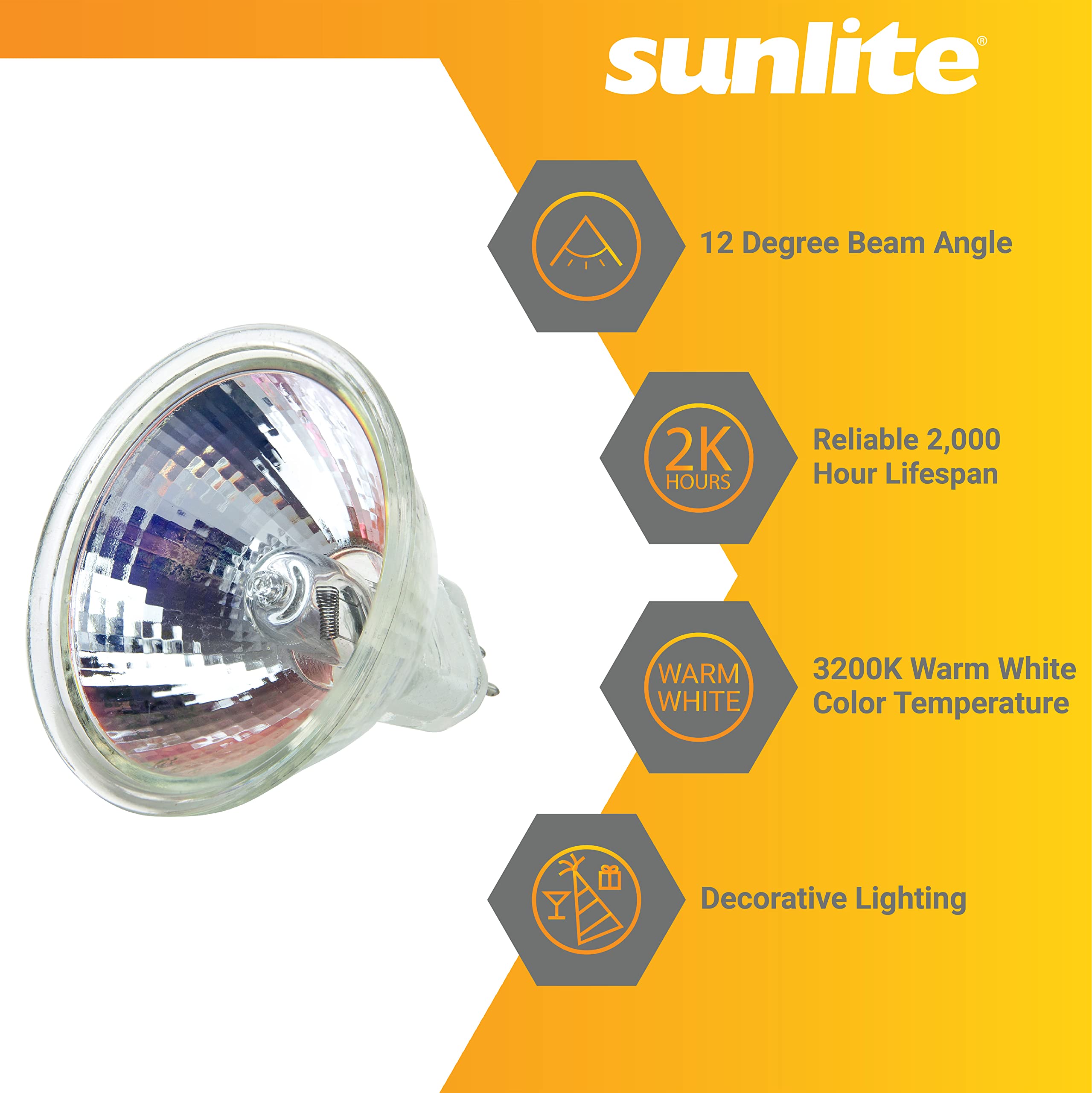 6 Pack Sunlite 50 Watt, 12 Narrow Spot, MR16 Mini Reflector, GU5.3 Bi-Pin Base