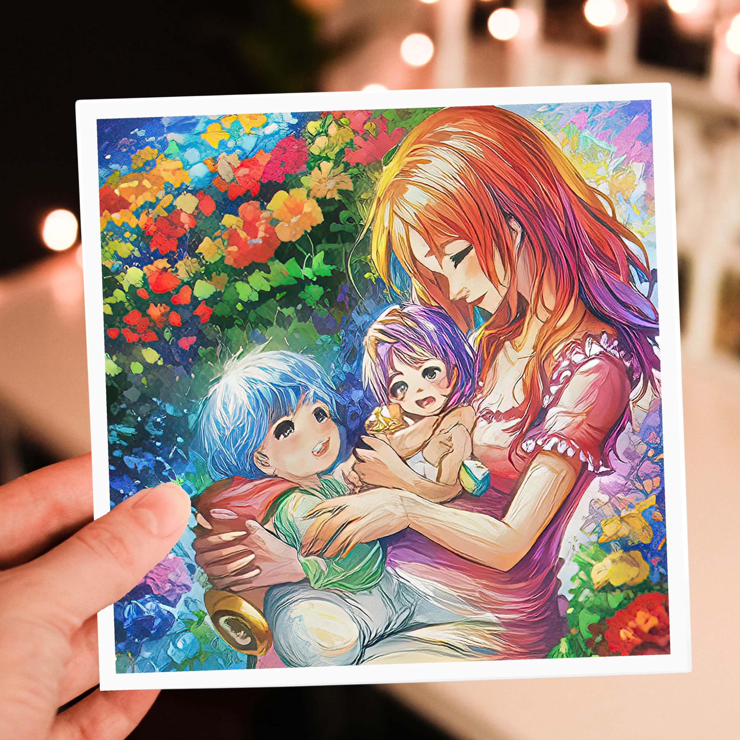 3dRose Greeting Card - A mother with two babies in the garden on a sweet spring day gift - Alexis Design - Holidays Mothers Day