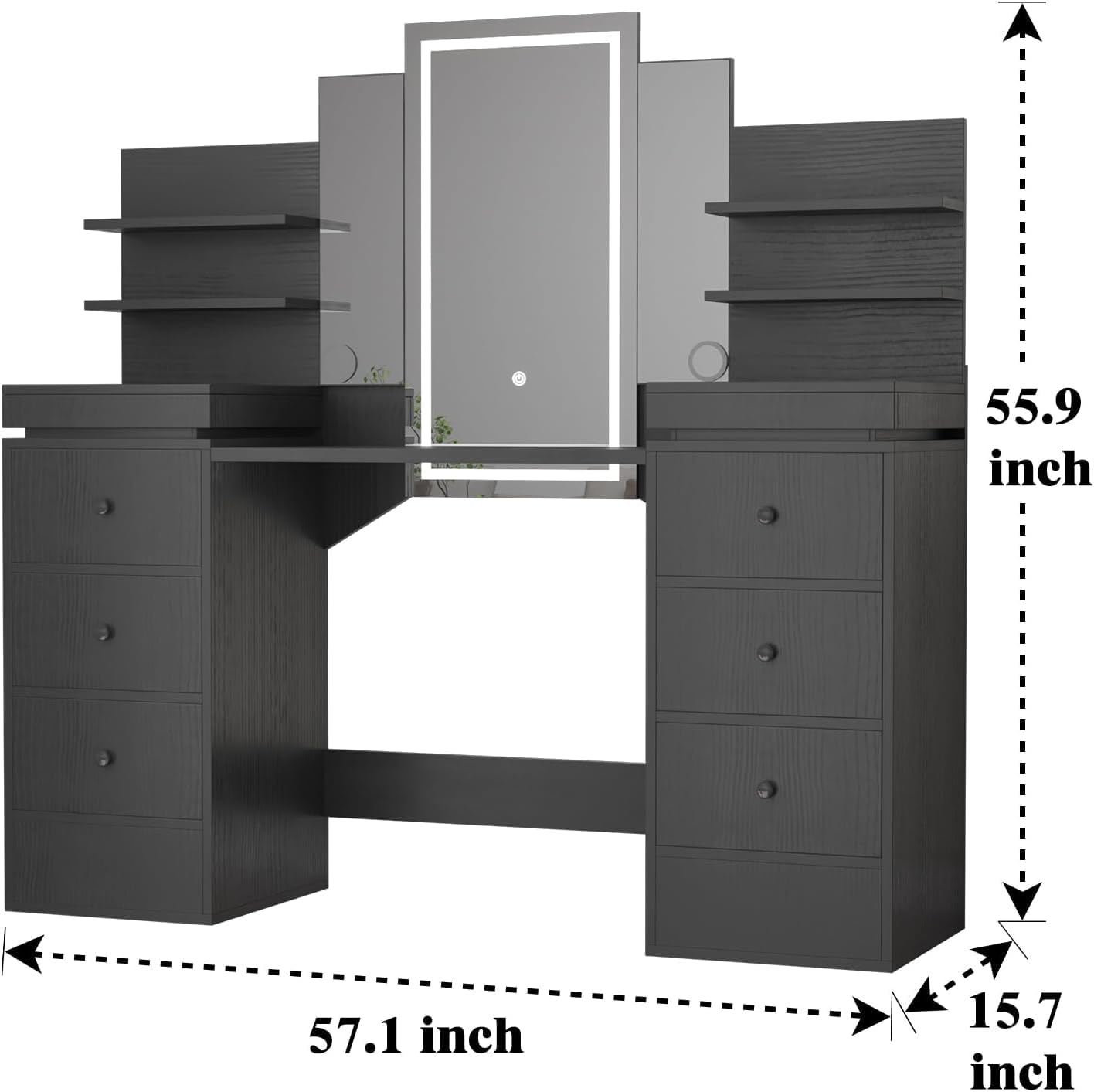 57.1" W Vanity Makeup Table with Lighted Mirror Table with Tri-Folding Mirror, 8 Drawers, 3 Light Modes, Open Storage Shelves, Vanity Table as Gifts for Girls/Women Vanity must Haves White (White)