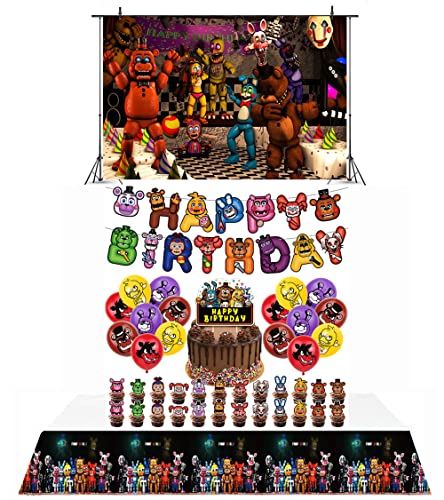 Birthday Party Supplies, Five Nights at Freddy Includes Banner, Tablecloth, Cake Topper - 24 Cupcake Toppers - 20 Balloons and Backdrop