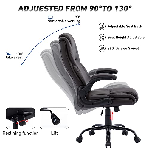 Executive Office Chair, Leather Office Chair, Adjustable Ergonomic High Back Office Chair with Flip-up Armrests, Executive Desk Chair Swivel Rolling Computer Chair with Lumbar Support (Brown)