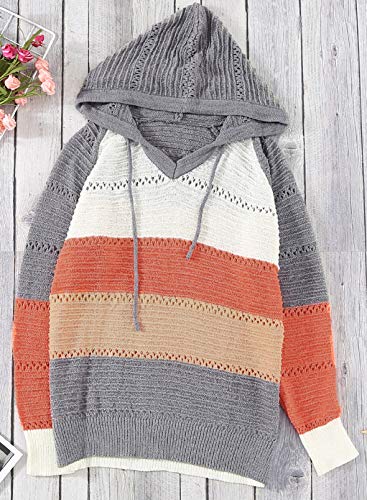 BLENCOT Women's Fall Hoodies Color Block Pullover Sweaters Warm Casual Loose Knitted Hooded Sweatshirts Tops Clothing Gray XL
