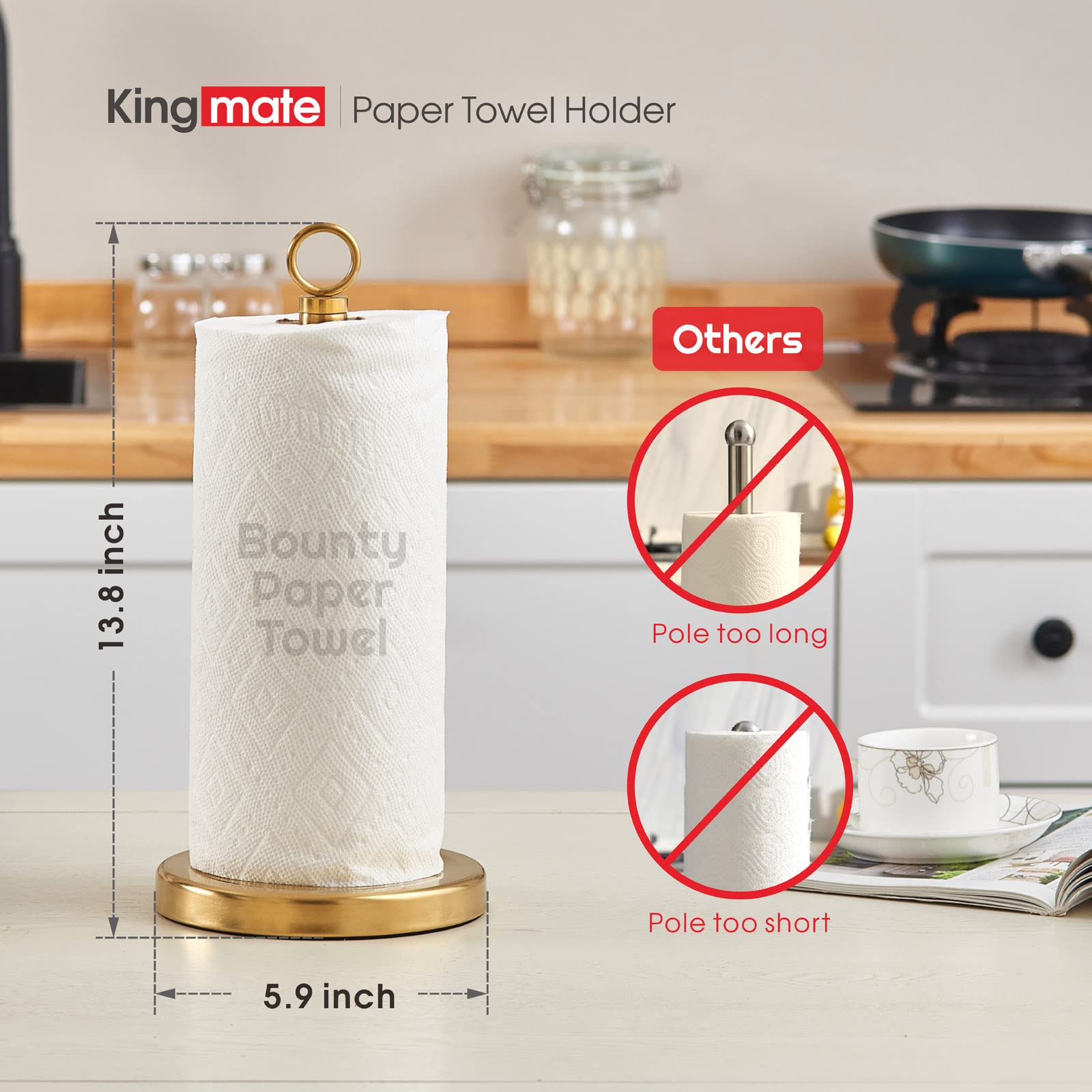 Kingmate Paper Towel Holder Stand, Free Standing Kitchen Roll Holder Countertop, Solid Ring Top, Stainless Steel, One Hand Tearing (Brushed Nickel)
