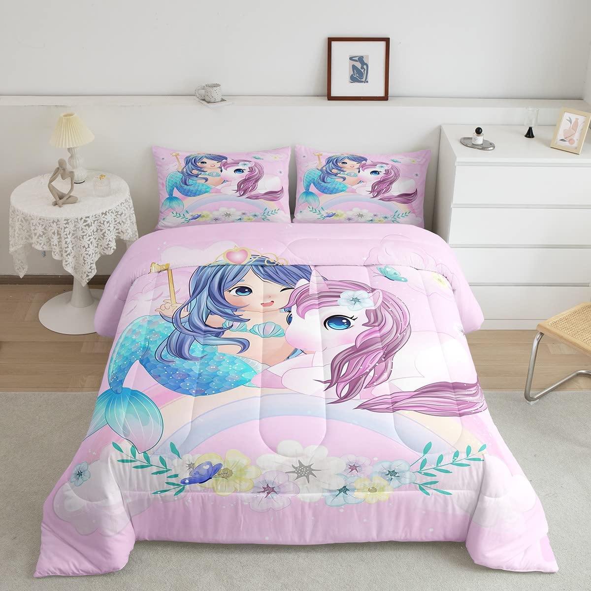 Erosebridal Blue Mermaid Bedding Comforter Sets for Girls Cute Unicorn Bedding Sets Twin 2pcs Kids Dreaming Girly Rainbow Duvet Insert Chic Floral Flower Quilt,Pink Bedroom Decor Aesthetic for Women