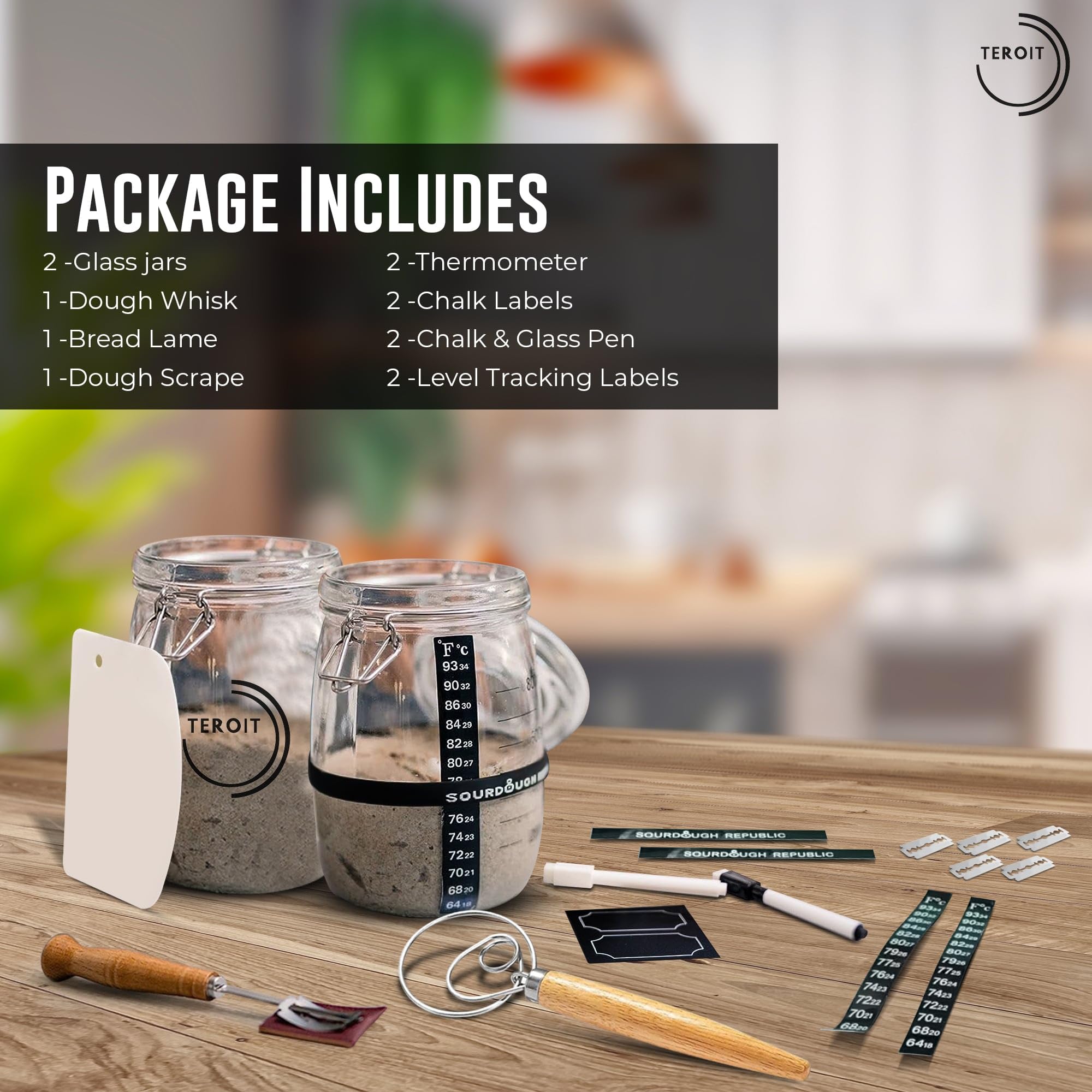 TEROIT Sourdough Starter Kit, Sourdough Bread Baking Supplies - 2PCS Sourdough Starter Jar, Bread Lame, Bread Whisk, Dough Scraper, Air Tight Lid - Delightful Gift for Home Cooks