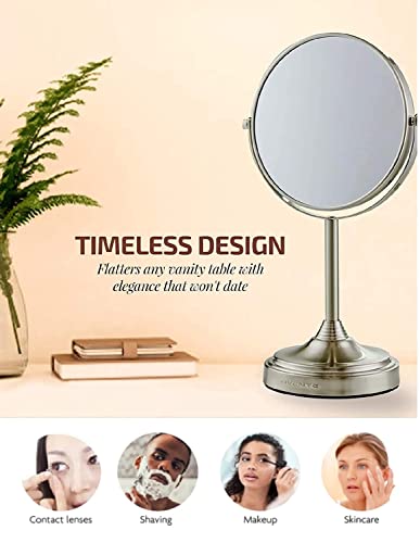 Ovente 7'' Tabletop Makeup Mirror with Stand, 1X & 7X Magnification, Adjustable Double Sided Round Magnifier, Ideal for Dresser, Vanity, Office Station & Bathroom, Nickel Brushed MNLCT70BR1X7X