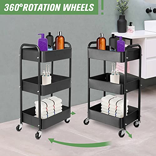 ABCOOL 3-Tier Metal Storage Organizer Rolling Utility Cart - Home Kitchen Bathroom Bedroom Office Classroom Laundry Cleaning Supplies Bar Craft Shelf Cart with Caster Wheels, College Dorm Essentials