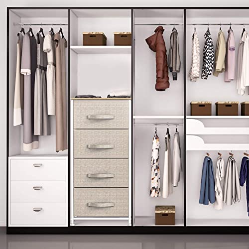 Pipishell Dresser with 4 Drawers, Tall Storage Tower with Sturdy Steel Frame Wood Top,Fabric Dresser Organizer Unit for Bedroom, Hallway, Entryway, Closets, Nursery Room