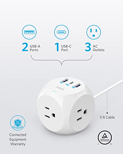 Anker Power Strip with USB C, PowerCube with 3 Outlets & 30W USB C,5ft Extension Cord and Travel Power Strip USB C, Anker 511 USB Power Strip, 2Outlets & 3USB Ports