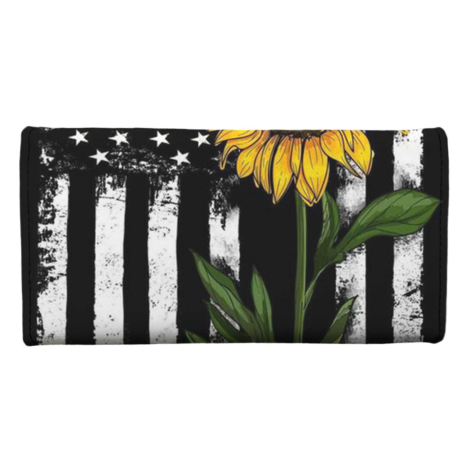 Binienty Womens Trifold Wallets Leather Slim Purse, Vintage USA Flag with Sunflower Print, Card Holder Clutch Handbag