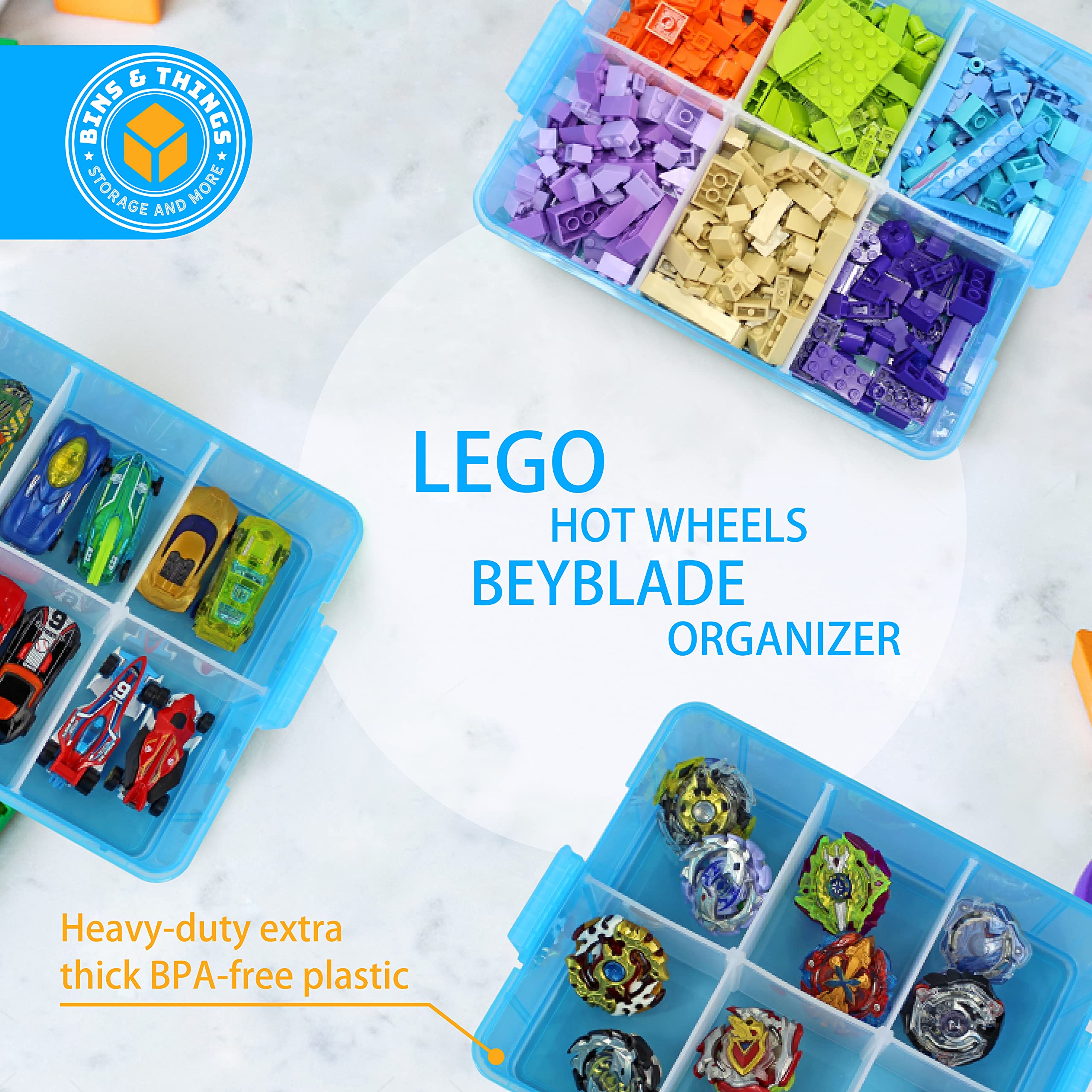 Bins & Things Stackable Toys Organizer Storage Case Compatible with BeyBlade, Hot Wheels, Lego Dimentions or Mini Toy Action Figures - Portable Adjustable Box w/Carrying Handle, Calico Critter