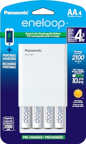 Eneloop Panasonic K-KJ87MCA4BA Individual Battery Charger with Portable Charging Technology and 4AA Rechargeable Batteries, White