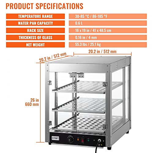 Commercial Food Warmer Countertop Pizza Cabinet with 3 Tiers, Convection Heating, Temperature Control, and Glass Display