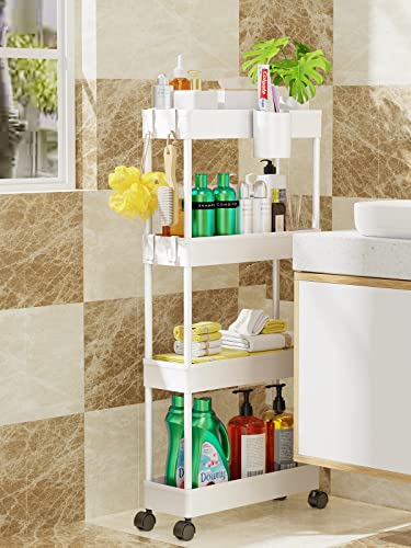 LEHOM 5.1" Slim Storage Cart - 4 Tiers Bathroom Organizer Mobile Shelving Unit Storage Rolling Utility Cart Slide Out Organizer for Kitchen Bathroom Laundry Narrow Places, White