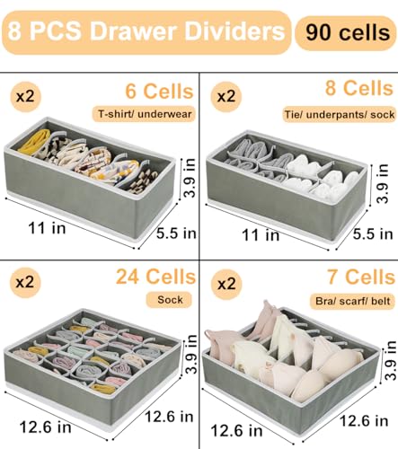 8 Pack Dresser Drawer Organizer Clothes, Foldable Underwear Drawer Organizer Bins, 90 Cells Fabric Closet Cloth Storage Box Drawer Dividers for Socks, Ties, Bras, Baby Clothes, Nursery, Clothing