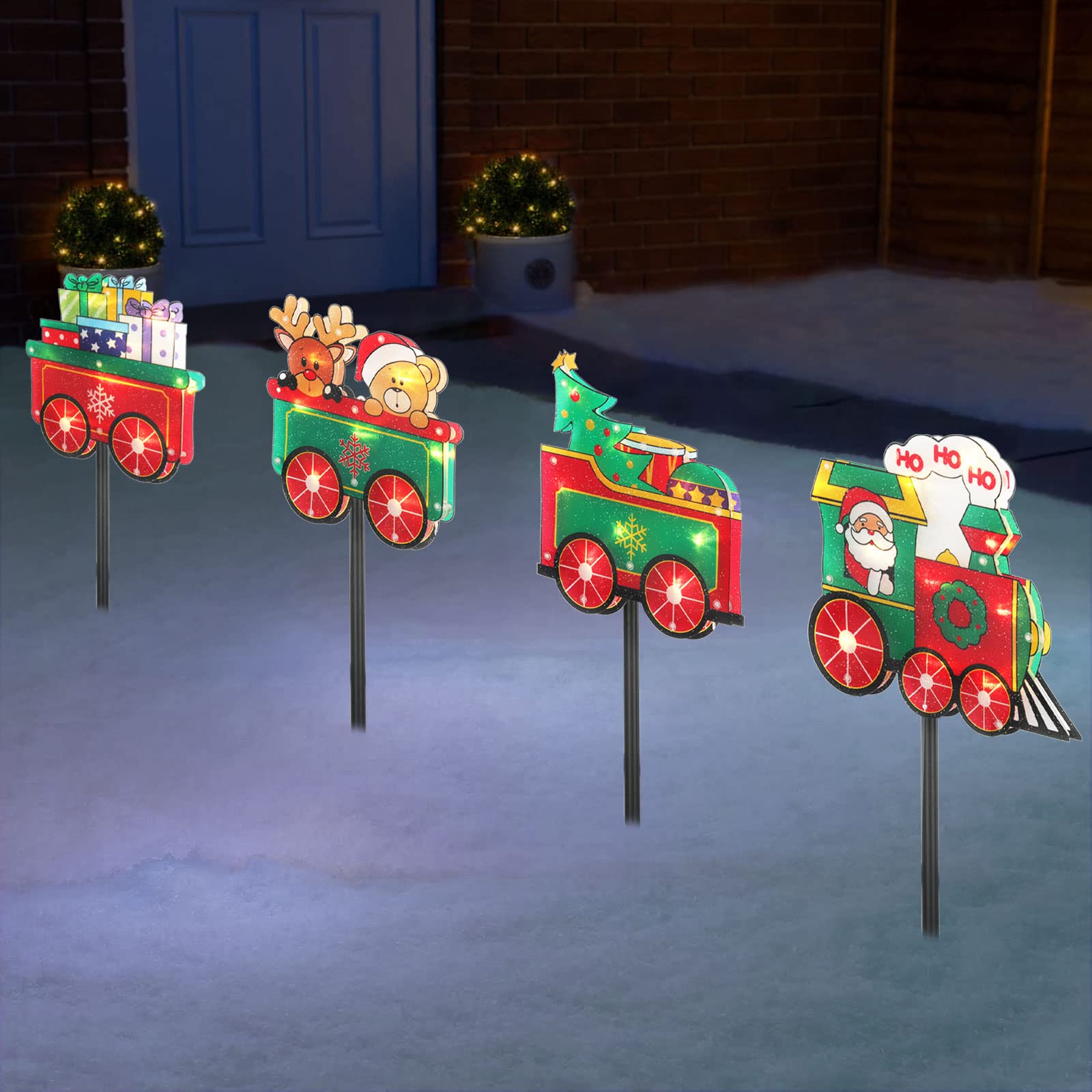 4-Piece Train Set Christmas Pathway Lights, Solar Powered LED Pathway Marker Yard Stakes Christmas Outdoor Decoration